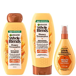 Garnier Whole Blends Honey Treasures Repairing Shampoo, Conditioner + Miracle Nectar Leave-In Set for Dry, Damaged Hair (3 Items), 1 Kit (Packaging May Vary)