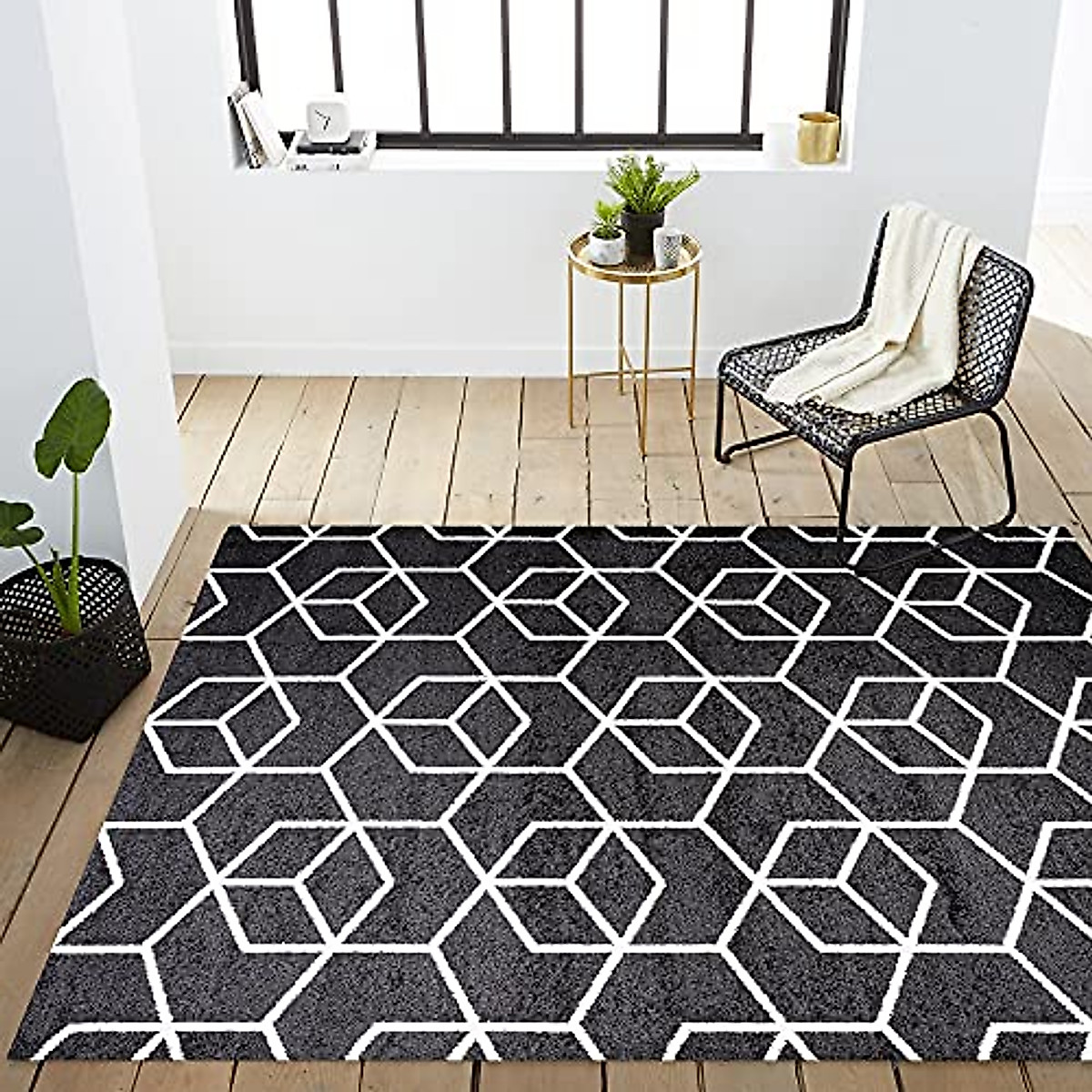 JONATHAN Y SEU101A-8 Tumbling Blocks Modern Geometric Indoor Area-Rug Contemporary Casual Easy-Cleaning Bedroom Kitchen Living Room Non Shedding, 8 X 10, Black/White
