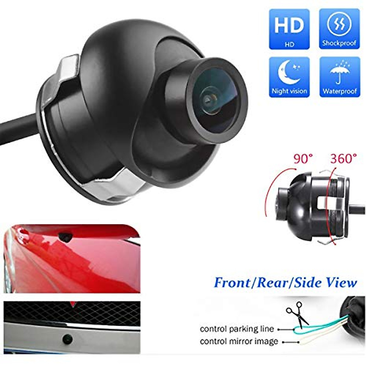 TIKSCIENCE Backup Camera Fit for Pickup Truck SUV Van RV DC 12-24V Cars Mini HD 360 Degree Rotatable Auto Multifunction Adjustable Camera, Black