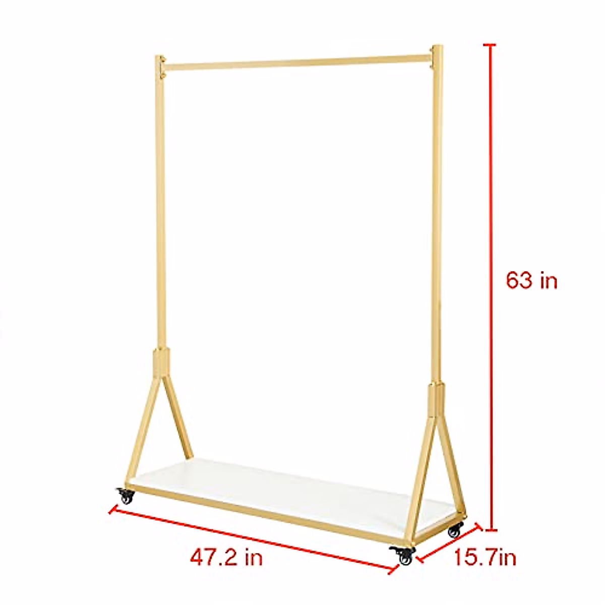 Ethemiable Clothing Store Modern Rolling Clothing Display Stands with Wheels,Storage Shoe Bag Pipe Shelf,Organization Garment Rack,Home Clothes Hanging Shelves（Gold with Wood Board, 47.2" L）