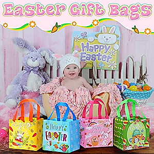 32 Pcs Easter Gift Bags Large 8 x 8 x 6 Inch Easter Non Woven Bags with Handles Rabbit Bunny Reusable Easter Tote Bags for Easter Egg Hunt, Party Favor Supplies