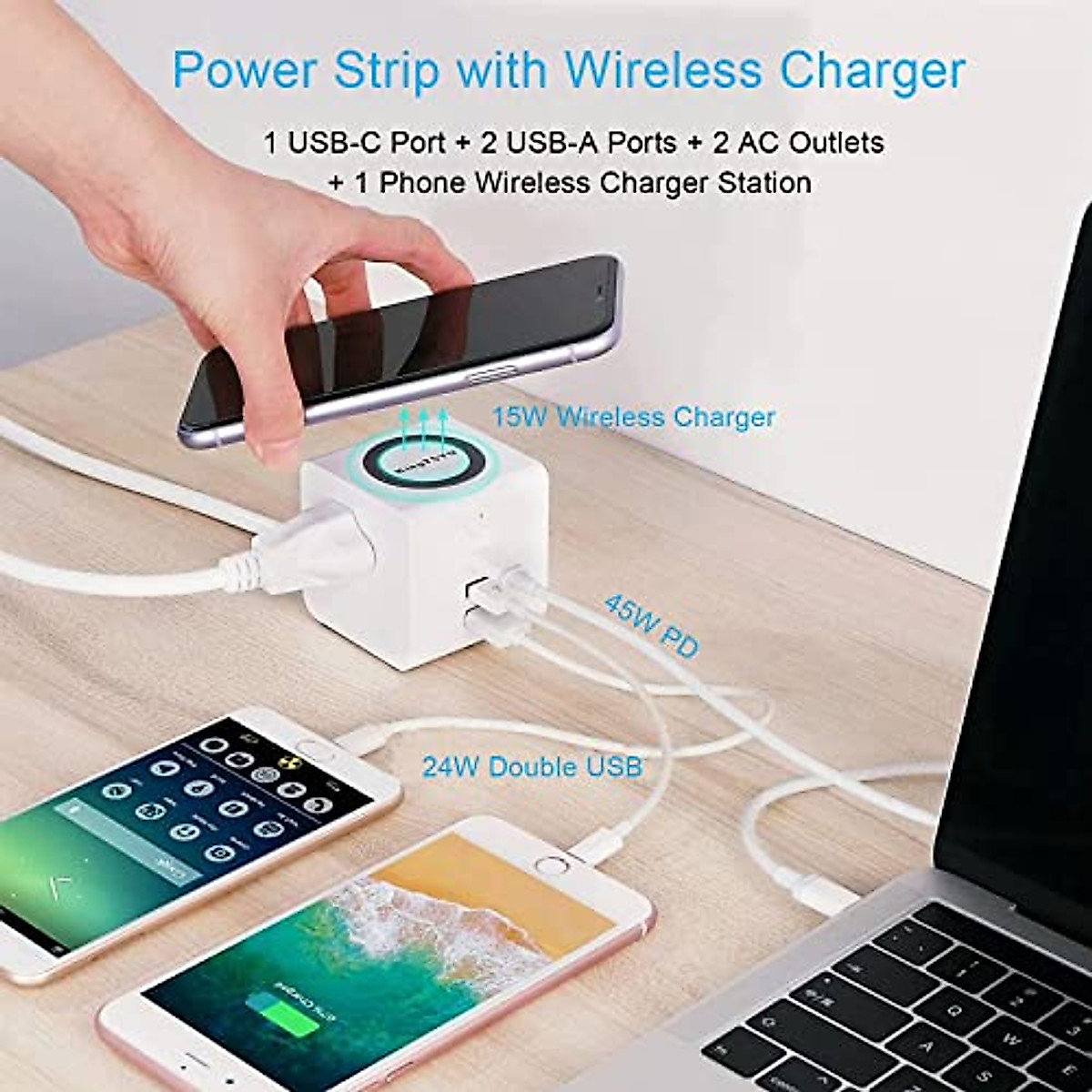 Power Strip with USB C Ports, KingTSYU Travel Surge Protector Tower Extension Cord with 2USB A/2AC Outlets/Phone Wireless Charger, PD 45W Fast Charging Power Deliveryfor Laptop MacBook Pro,Dorm/Office