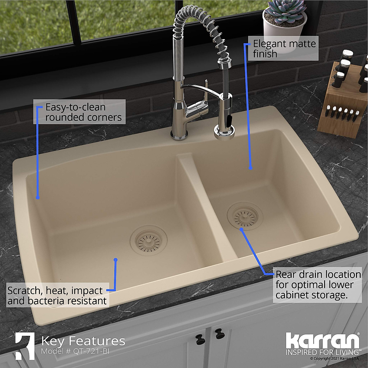 Karran QT-721 Drop-In Quartz Composite 34 in. 1-Hole 60/40 Double Bowl Kitchen Sink in Bisque