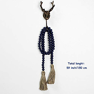 CVHOMEDECO. Wood Beads Garland with Tassels Farmhouse Rustic Wooden Prayer Bead String Wall Hanging Accent for Home Festival Decor. Navy Blue