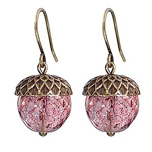 Czech Glass Acorn Earrings with Antiqued Brass Vintage Style Caps (Translucent pink)