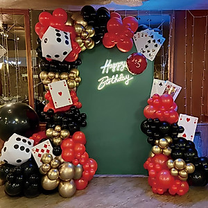Casino Theme Party Decorations 133PCS Red and Black Gold Balloon Garland Arch Kit with Dice Foil Balloons for Las Vegas Theme Birthday Party Decorations