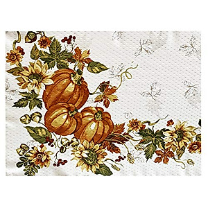 Lintex Stockbridge Pumpkin Harvest Bordered Thanksgiving Placemats, Autumn Fall Leaf, Sunflower and Acorn Border Print Print Easy Care Fabric Placemats, Set of 4 Bordered Placemat