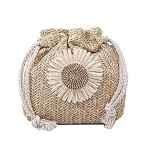 Gogobear Cute Straw Purses for Girls Summer Beach Crossbody Bags Woven Drawstring Handbag(Khaki)