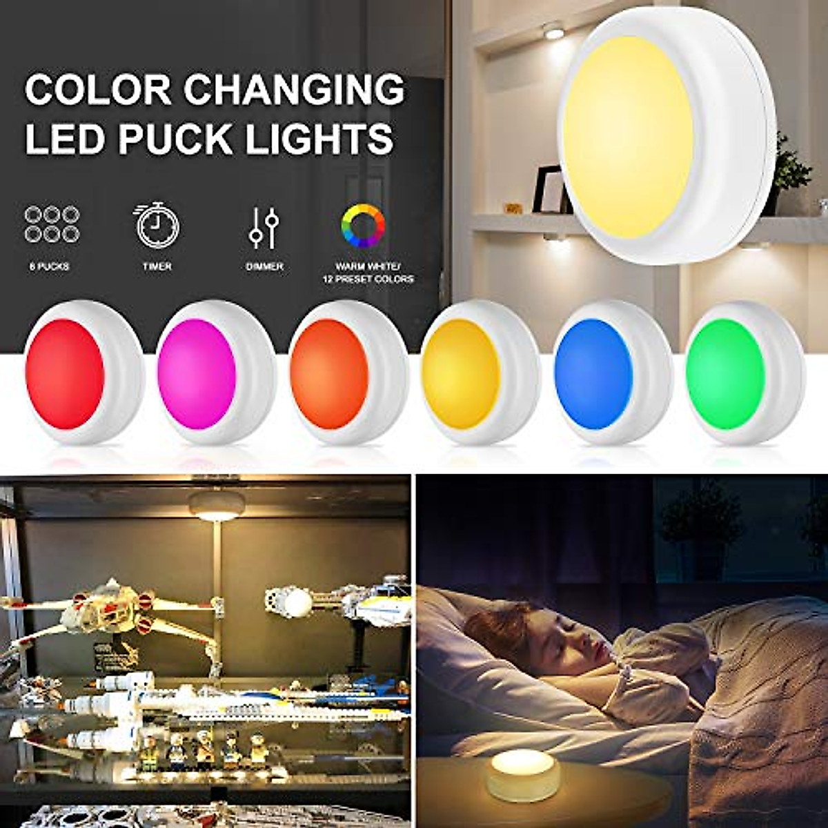 BLS LED Puck Lights with Remote Control, Wireless Under Cabinet Lighting, Battery Powered Lights, Stick on Lights, Color Changing Lights with Dimmer and Timer, AA Battery Operated Closet Light, 6 Pack
