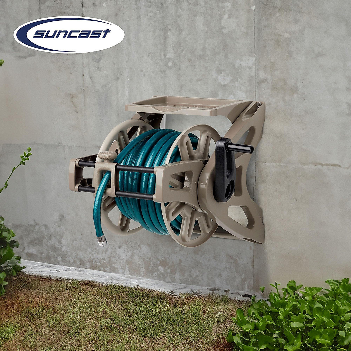 Suncast Wall-Mount Garden Hose Reel, 175 ft. 5/8 in. Vinyl Water Hose Holder, Light Taupe