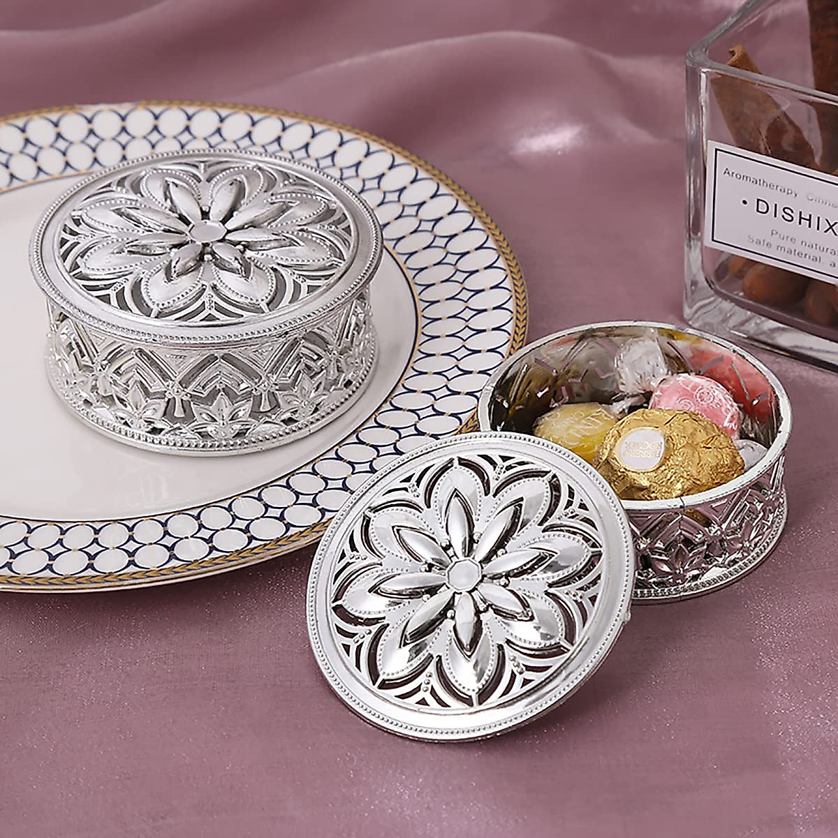 Kukiwhy 12 PCS Gold Silver Round Candy Boxes,Wedding Favor Boxes Candy Hollow Jars Candy Storage Boxes Gift Boxes for Wedding Baby Shower Christmas Birthday Party