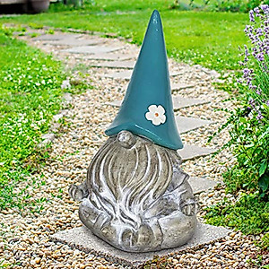 Exhart Garden Sculpture, Meditating Yoga Solar Garden Gnome Statue, LED Flower Hat, Outdoor Garden Decoration, 7 x 11.5 Inch, Teal