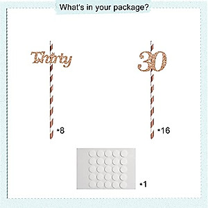 Happy 30th Birthday Straws, Rose Gold Glitter 30 Years Old Paper Straws, 30th Anniversary/Birthday Party Drinking Decorative Straws - 24pcs
