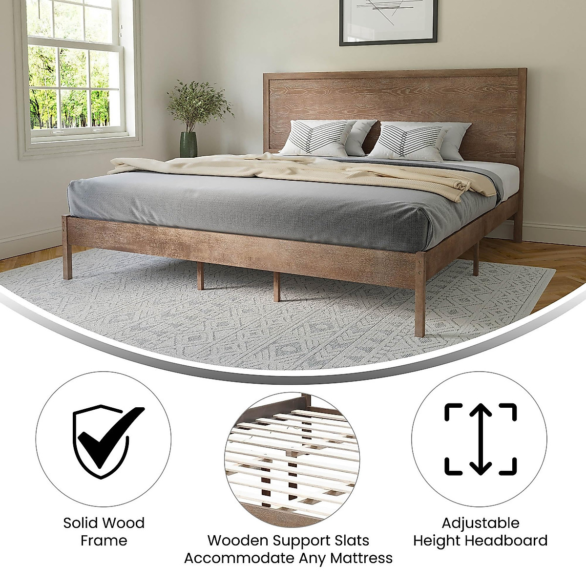Flash Furniture Asher Solid Wood Platform Bed with Wooden Slats and Headboard, No Box Spring Needed, King Size, Light Brown