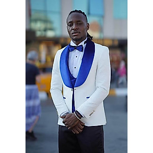 Wangyue Men's 3 Piece Suit Slim Fit Jacquard Tuxedo One Button Shawl Collar Velvet Suits Double Breasted Suits White-Dark Green Size 34