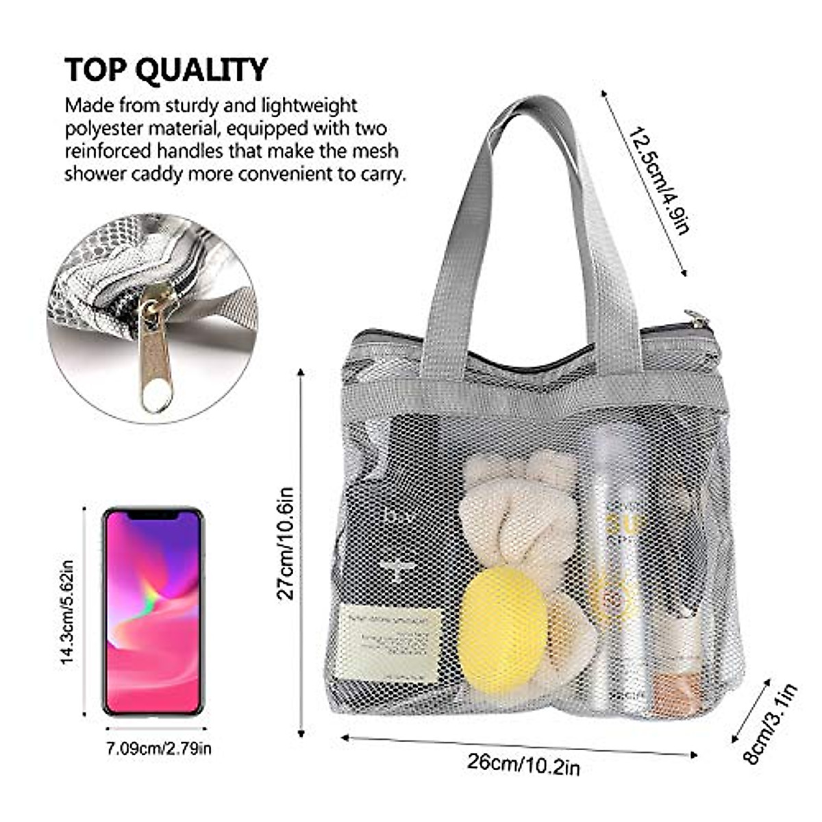 2 Pcs Portable Shower Mesh Caddy Bag Quick Dry Hanging Toiletry and Bath Organizer for Travel and Swimming with Zipper (2 Gray)