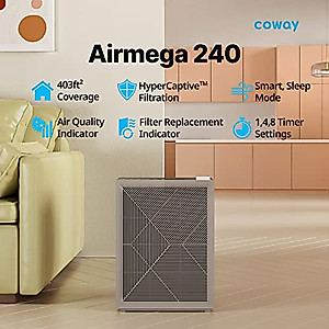 Coway Airmega 240 True HEPA Air Purifier with Air Quality Monitoring, Auto, and Filter Indicator, Warm Gray