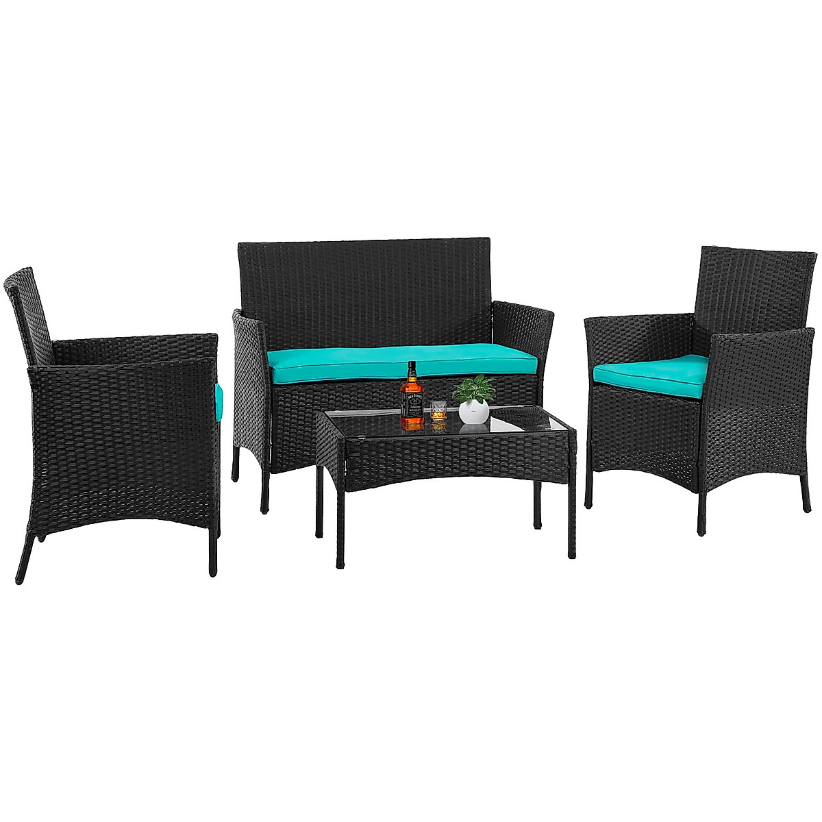Ruesleag Patio Furniture Set 4 Piece Rattan Conversation Sets Patio Set Chairs with Thickened Cushions and Tempered Glass Table Outdoor Wicker Porch Furniture Random Arrangement for Yard or Backyard