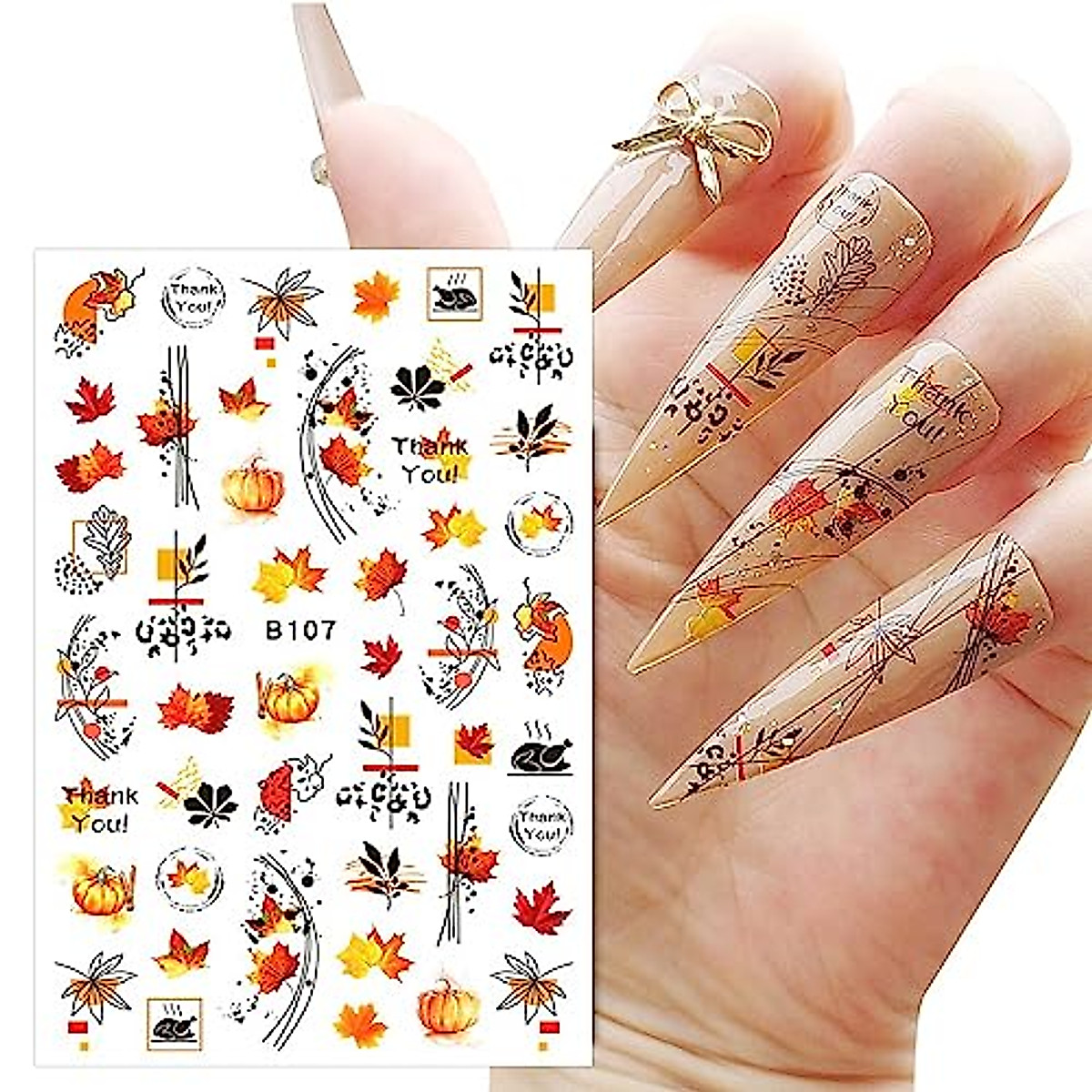 JMEOWIO 12 Sheets Fall Autumn Nail Art Stickers Decals Self-Adhesive Pegatinas Uñas Pumpkin Maple Leaf Thanksgiving Nail Supplies Nail Art Design Decoration Accessories