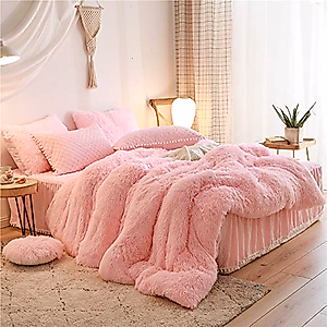 HAIHUA Luxury Plush Shaggy Duvet Cover Flannel Velvet Bedding (1 Faux Fur +2 Pillowcases) Fluffy Comforter Bed Sets 3 Pieces,Zipper Closure (Pink, Queen)