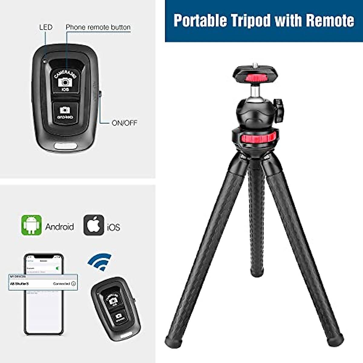 MagicLine Octopus Flexible Photo Tripod with 360 Degree Ball Head,Phone Holder (Built-in Cold Shoe), Gopro Adaptor and Wireless Remote, Tabletop and Mini Tripod for Camera/Phone/Webcam
