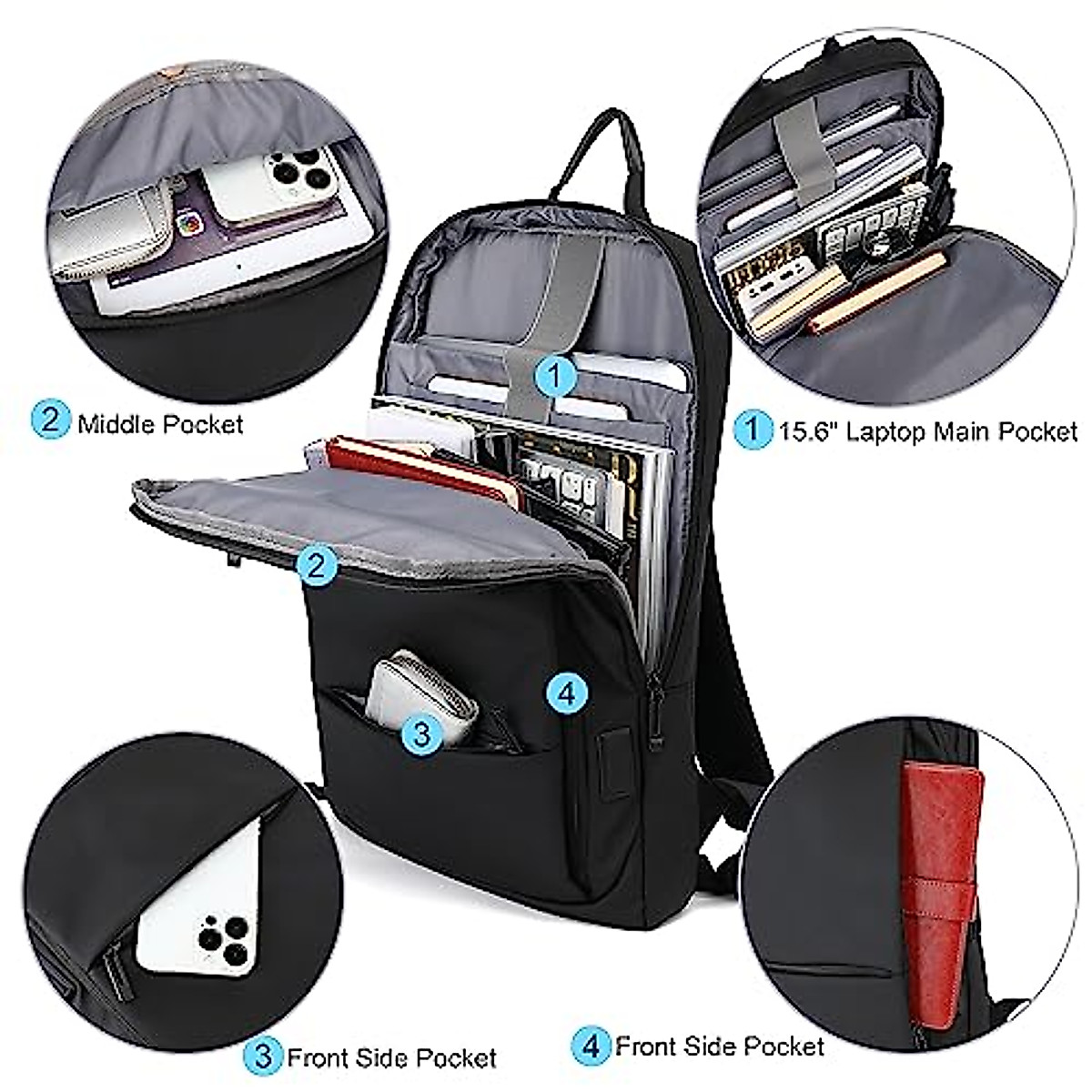 AUGUR Business Slim Backpack for Men Women 15.6 inch Water Resistant Laptop Backpack with USB Charger Computer Notebooks Lightweight Small Backpacks For Travel/Business/Work