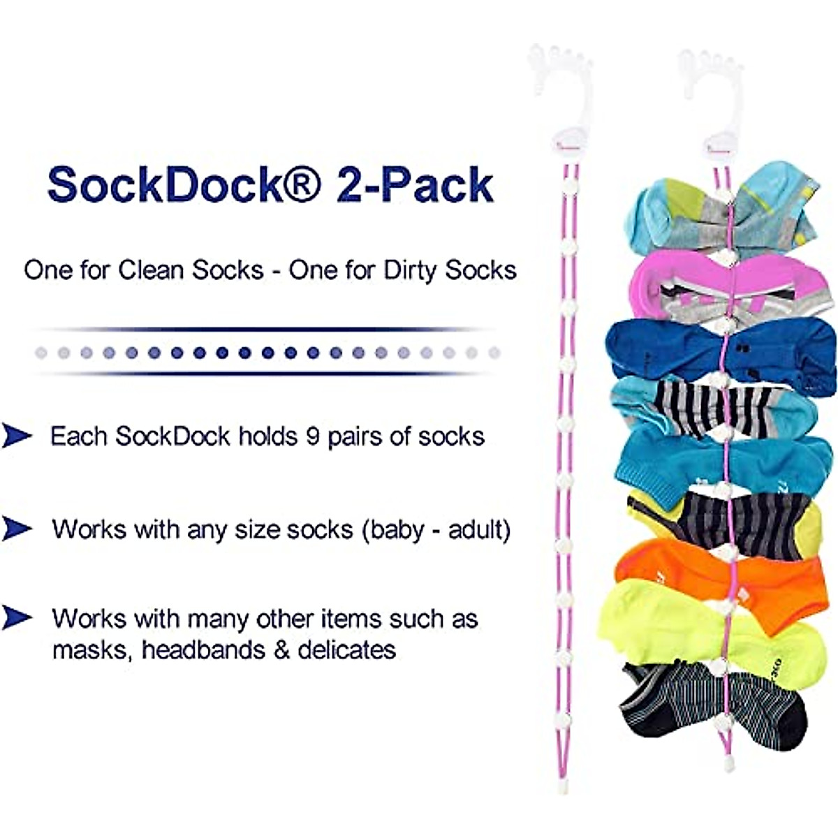 SockDock Sock Organizer for Washing, Drying, & Storing Paired Socks | Adult & Baby Sock Hanger Also Holds Gloves, Scarves, & Underwear | Space-Saving Laundry Sock Holder | 2-Pack, (Pink)
