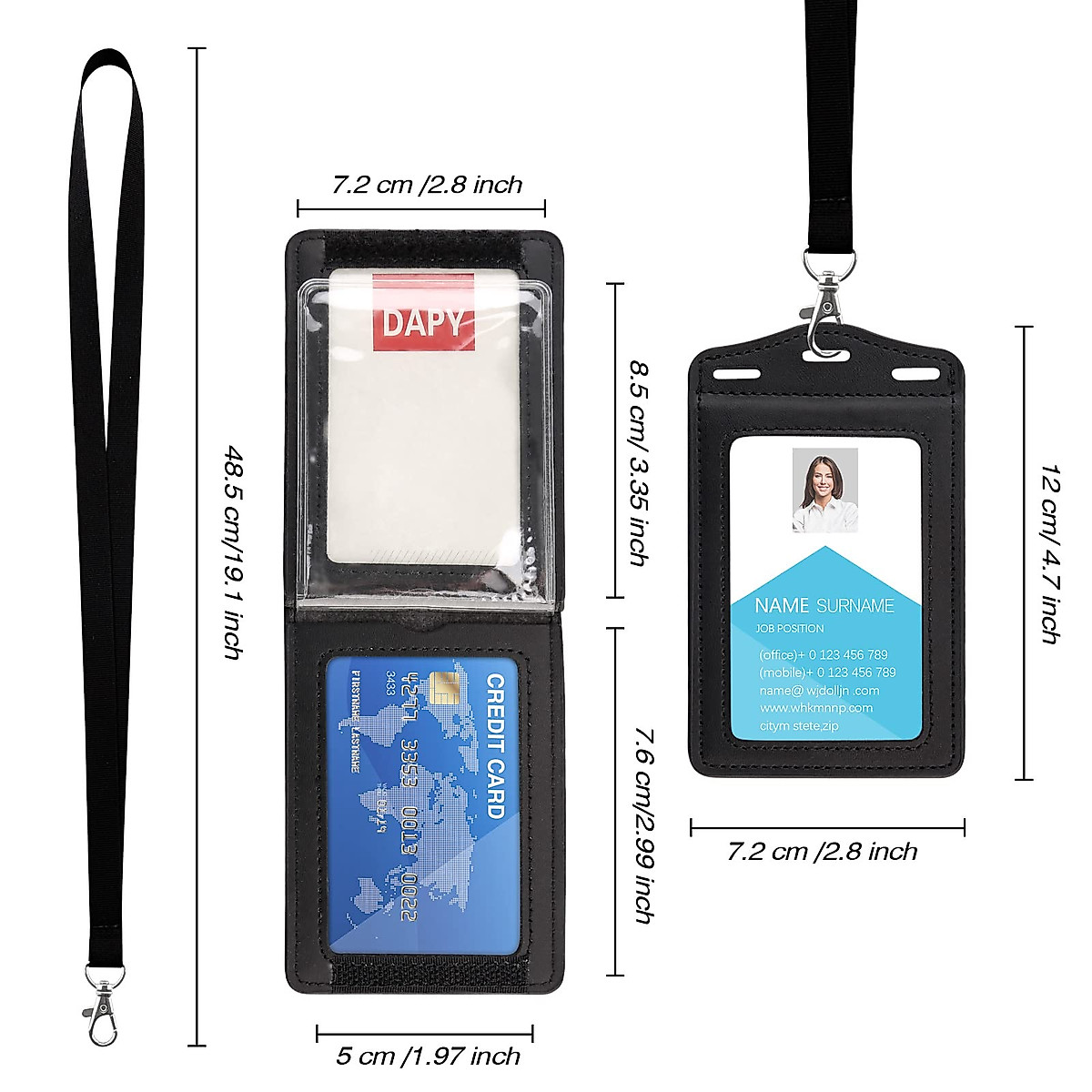 Badge Holder Trifold,PU Leather ID Card Holder with Clear ID Window and Detachable Badge Lanyard for Business,Worker,Student,Black