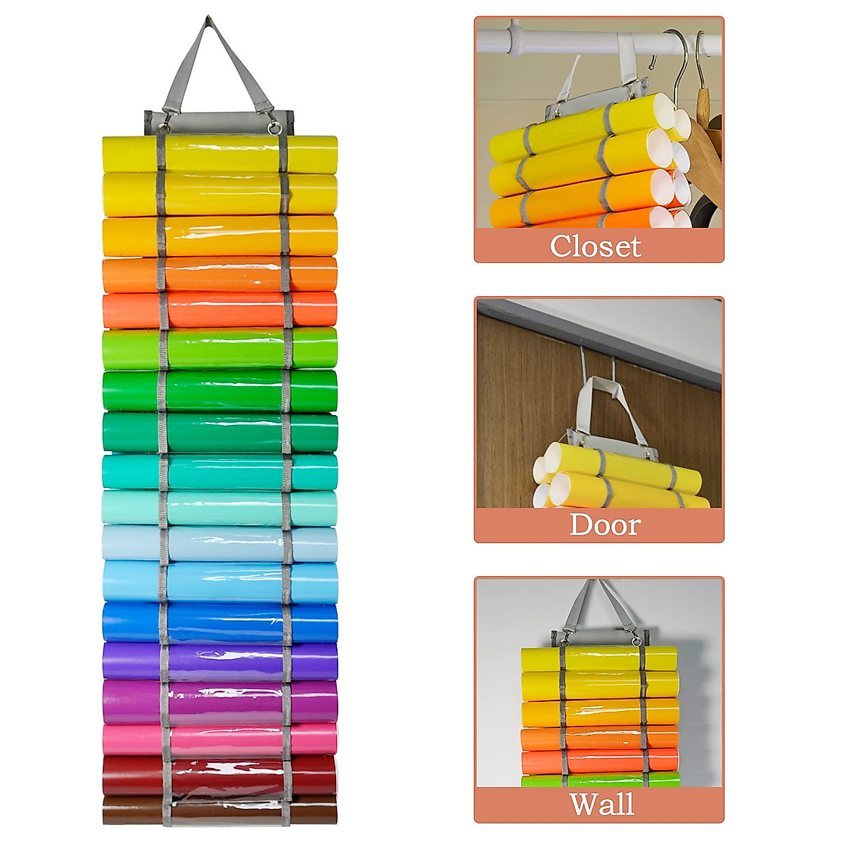 Tunnkit Vinyl Roll Holder - 36 Compartments Vinyl Storage Organizer with 7 Mesh Pockets Storage, Wall Mount/Over The Door Vinyl Roll Storage, with 2 Hooks and 2 Hanging Straps (Grey)