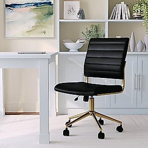 Martha Stewart Ivy Armless Swivel Task Chair for Home Office in Black Faux Leather with Polished Brass Frame