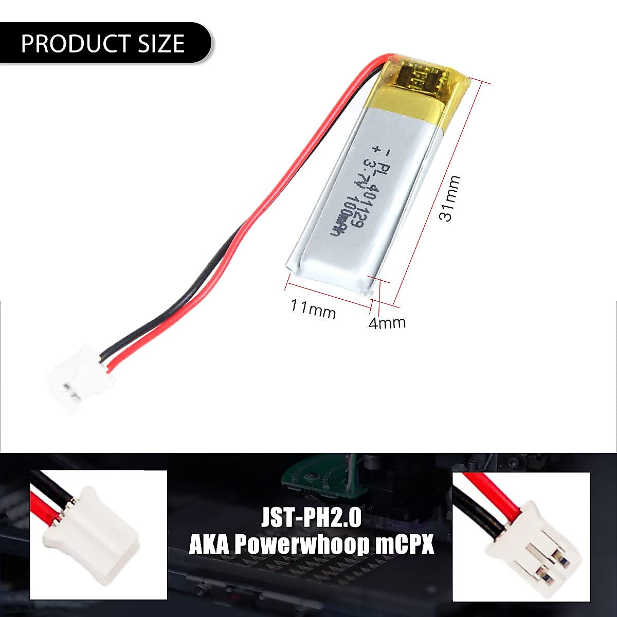 AKZYTUE 3.7V 100mAh 401129 Lipo battery Rechargeable Lithium Polymer ion Battery Pack with JST Connector