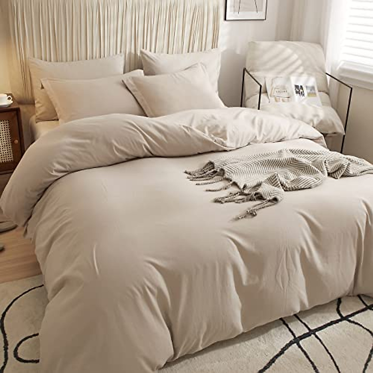VClife Duvet Cover Washed Microfiber Cream Beige Tan Khaki Quilt Cover Sets Queen Size 3 Pieces Tan Solid Color Bedding Sets (1 Queen Beige Duvet Cover and 2 Pillow Shams)