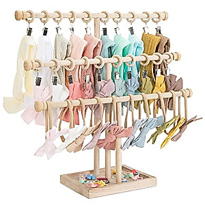 POVETIRE Headband Holder Stand Storage for Baby, 3 Tier Wooden Bow Organizer for Girls Hair Bows, Infant Hair Accessories Rack Display for Nursery Decor