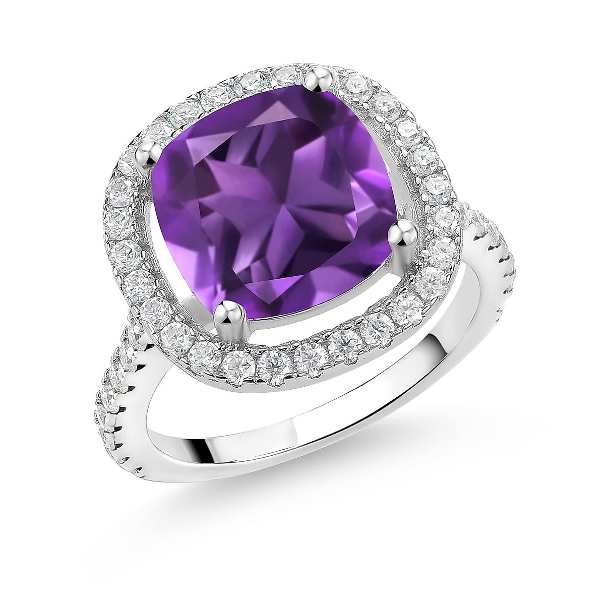 Gem Stone King 925 Sterling Silver 10MM Cushion Cut Gemstone Birthstone and White Moissanite Engagement Ring | Wedding Anniversary Promise Ring For Women | Ring Size 5-9