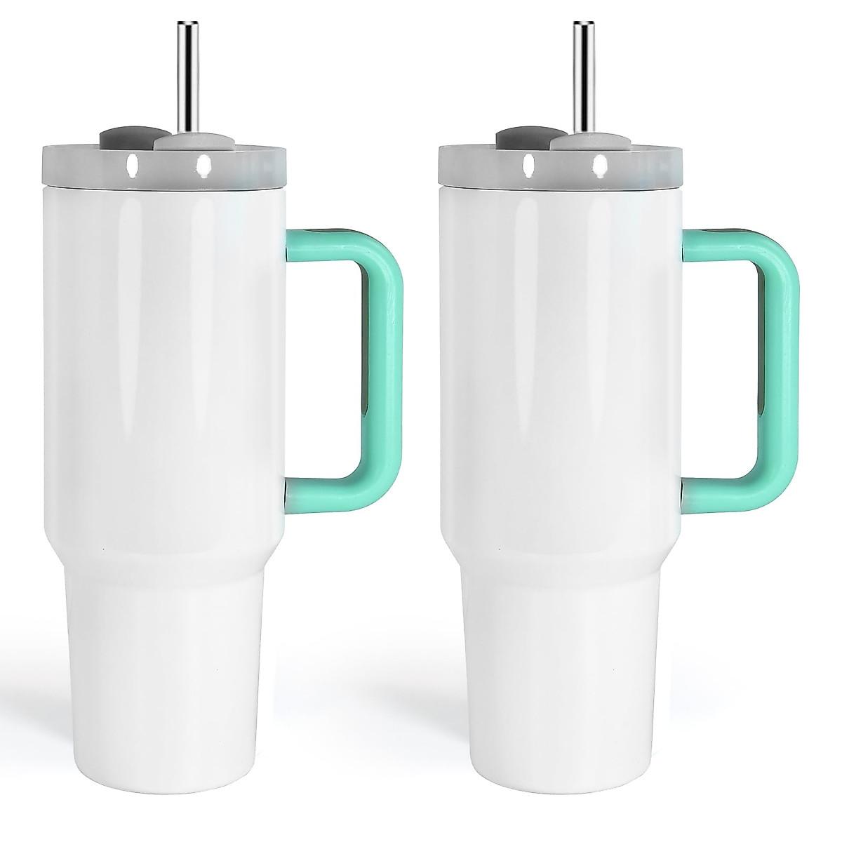 AGH 2 Pack 40 oz Sublimation White Tumbler with Blue Handle and Stainless Steel Straw, Insulated Double Wall Vacuum Reusable Cups with Leakproof Lid, Travel Mugs Blank for Party,Home,Driving,Office