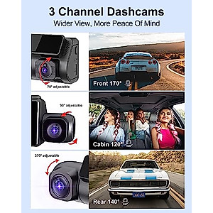 Dash Cam Camera For Cars Dashcam - Lehwey 3 Channel Dash Camera 4k 2160P+1440P+1080P Front Rear Inside, Built in WiFi GPS, With 64GB Card, Night Vision, G-Sensor Parking Mode, 170°Angle Loop Recording