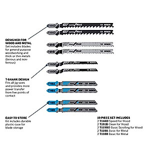 BOSCH T5002 T-Shank Multi-Purpose Jigsaw Blades, 10 Piece, Assorted, Jig Saw Blade Set for Cutting Wood and Metal