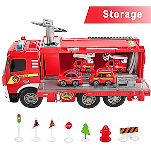 CUTE STONE 7 Pack Fire Trucks with Water Spraying Function, Fireman Toy Firetrucks with Sound and Light, Pull Back Cars, Friction-Powered Vehicles, Gift for Toddlers and 3+ Year Old Boys