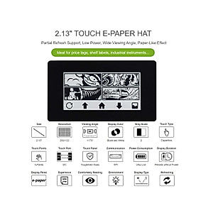 waveshare 2.13inch Touch e-Paper HAT 250×122 Pixels Black White e-Ink Display Module eink Screen for Raspberry Pi 4B/3B+/3B/2B/Zero/Zero W/Zero WH, SPI Interface,Partial Refresh