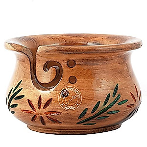 Hind Handicrafts Floral Handcrafted Wooden Portable Yarn Storage Bowl - Solid Dark Handmade Crafted - Holder for Knitting Crochet Hook Accessories - Bag Included (Design-1, 6" x 6" x 4")