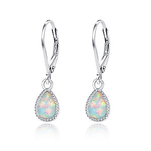 Teardrop Leverback Drop Dangly Safety Earrings, 925 Sterling Silver Opal Jewelry Valentine Gift for Women Girlfriend Daughter with Gift Box