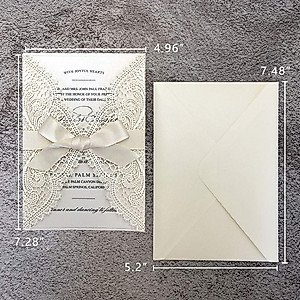 Picky Bride 25pcs 5x7 Wedding Invitations with Envelopes, Laser Cut Lace Hollow with Elegant Ribbons, for Wedding Bridal Shower Engagement Birthday Party Invite, Ivory