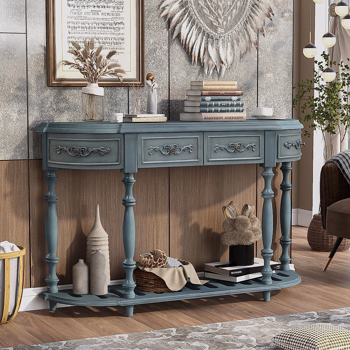 52" Farmhouse Console Tables for Entryway,Curved Sofa Table Display Cabinet w/4 Drawers & 1 Bottom Shelf,Cupboard Accent Table Credenza Decor Furniture for Living Room Hallway Kitchen,Antique Blue