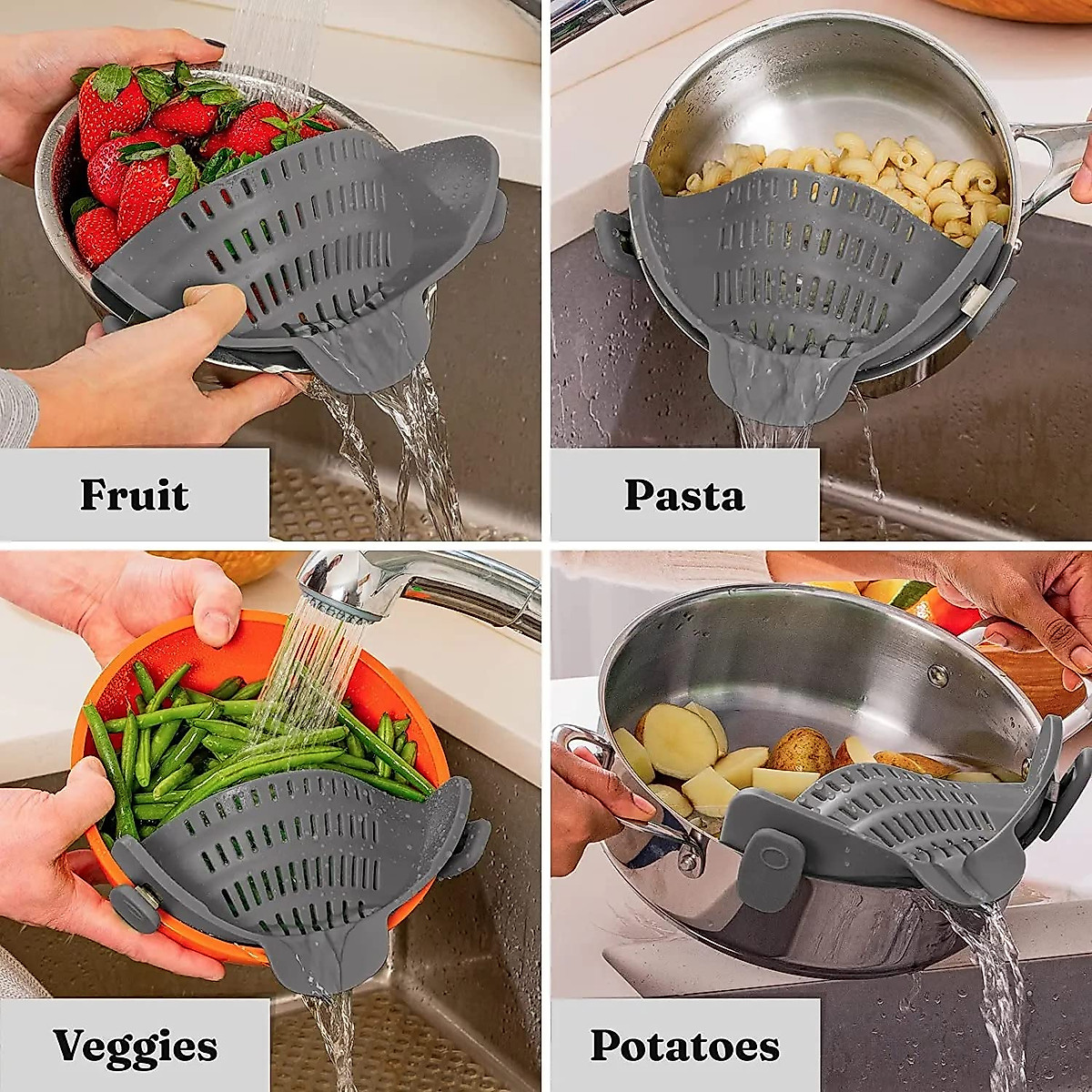 Clip on Strainer for Pots Pan Pasta Strainer, Silicone Food Strainer Hands-Free Pan Strainer, Clip-on Kitchen Food Strainer for Spaghetti, Pasta, Ground Beef Fits All Bowls and Pots, Black