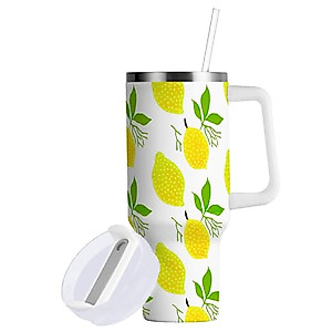 ODAWA 40oz Lemons White Insulated Cup with Handle and Straw, 2 in 1 Lid Stainless Steel Vacuum Insulated Tumbler