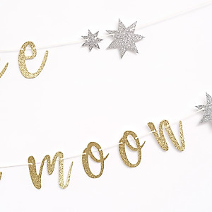 MUWEOL We’Re Over The Moon Banner - Over The Moon Baby Shower Decoration,Gender Reveal Wall Hanging Banner,Golden Glitter Party Wall Decoration (moon banner golden)