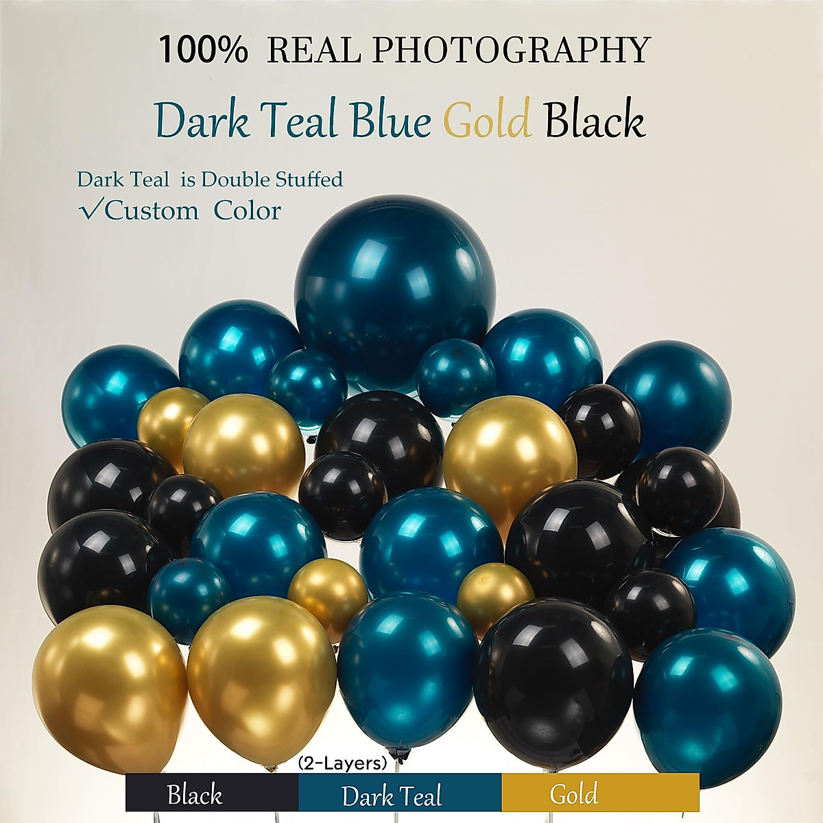 Chrome dark Teal and gold black Balloon Garland Kit 170Pcs Double-Stuffed Navy Teal Blue With Starburst Balloons for Birthday anniversary Baby Shower 2024 graduation prom Luxury shop decorations