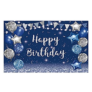 Funnytree Navy Blue Happy Birthday Party Backdrop Silver Glitter Balloons Background Boy Men Women Bday Event Favors Supplies Decoration Flag Background Selfie Photo Booth