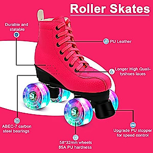 PERZCARE Roller Skates for Women&Girls,Premium High-top Classic Double-Row Design Roller Skates Shoes 4 Shiny Wheels,PU Leather Roller Skates for Beginners Teens/Adult/Boys/Unisex Indoor/Outdoor