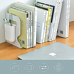 Autek Adjustable Bookend with Pen Holder Desktop Bookshelf Book End ABS Rack Desk File Book Storage Ideal Book Organizer for Home, School and Office White